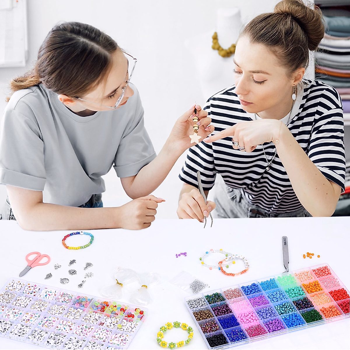 QUEFE Craft Beads Kit 6400pcs 4mm Glass Seed Beads and 960pcs Letter Beads for Friendship Bracelets Jewelry Making Necklaces and Key Chains with 2 Rolls of Crystal String, DIY Art Craft Gifts