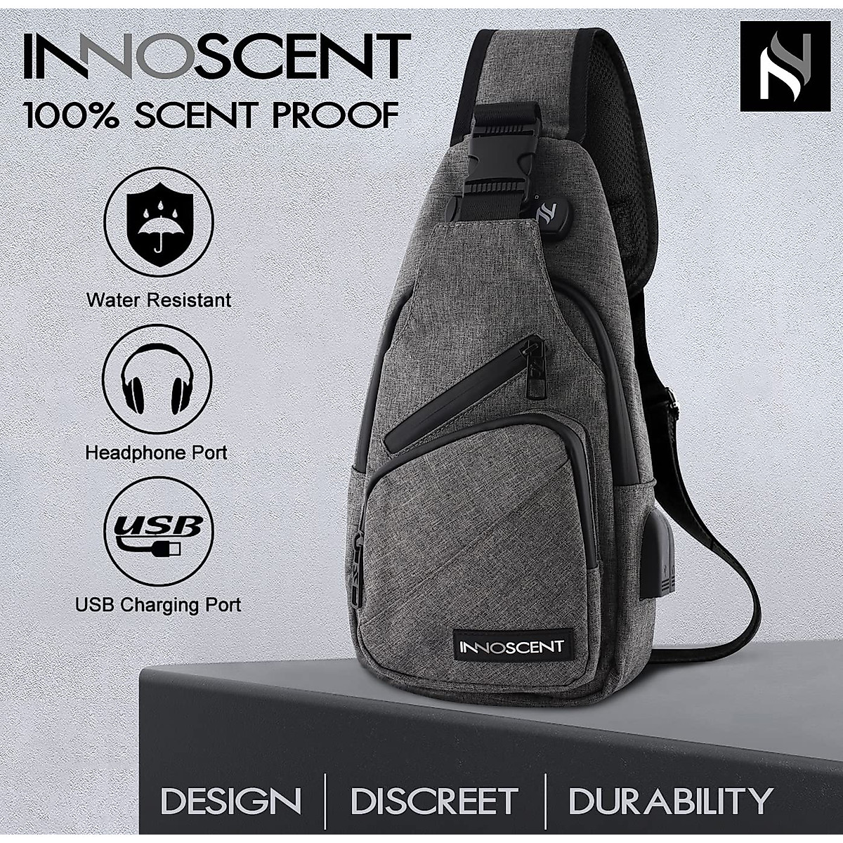 INNOSCENT Smell Proof Sling Bag Backpack - COMBINATION LOCK - Shoulder Crossbody Bag With USB/Headphone Charging Port Black (Light Grey)