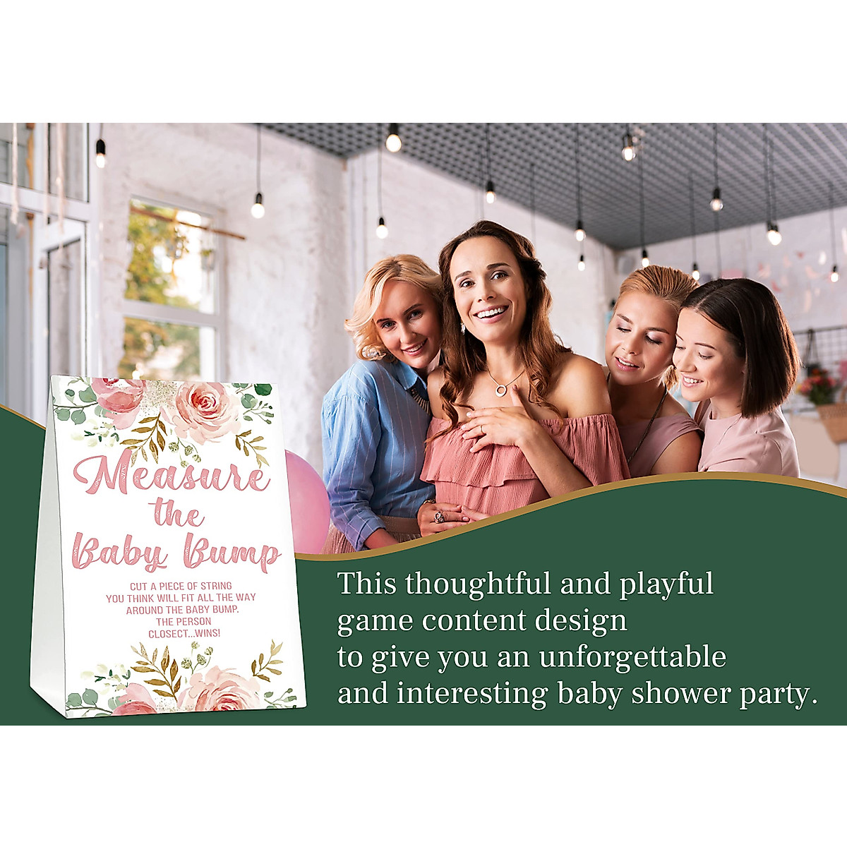 Baby Shower Game Set, Measure The Baby Bump(1 Standing Sign + 50 Guessing Cards), Floral How Big is Mommy's Belly Party Game, Blush Pink Baby Shower/Gender Reveal Party Favor Decor(A02)