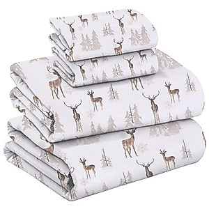 RUVANTI Flannel Sheets King Size - 100% Cotton Brushed Flannel Bed Sheet Sets - Deep Pockets 16 Inches (fits up to 18") - All Seasons Breathable & Super Soft - Warm & Cozy - 4 Pcs - Brown Deer