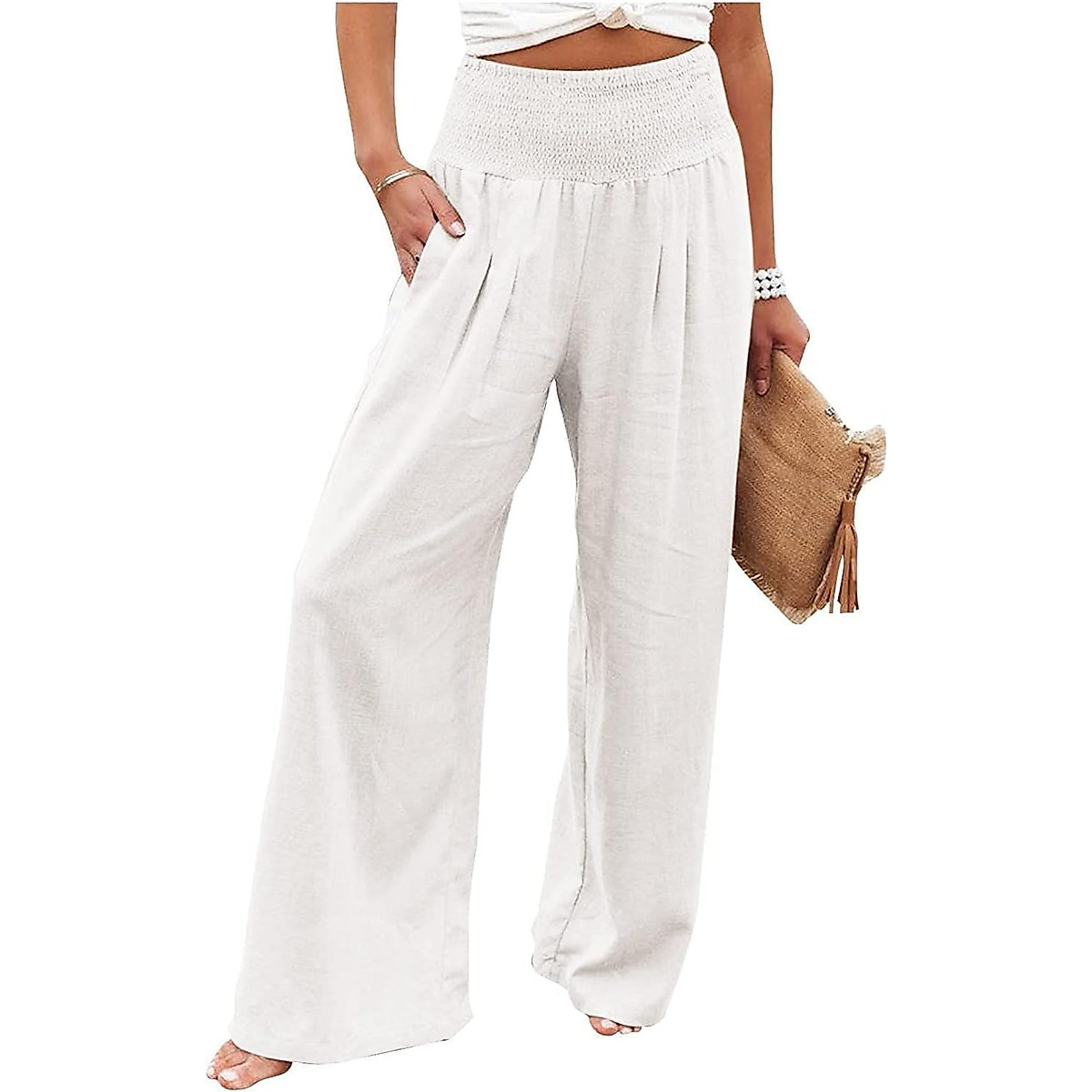JIELAFIC Linen Pants for Women Wide Leg Elastic High Waisted Palazzo Pants Lounge Yoga Trousers Beach Pants with Pockets (A#White,XL)