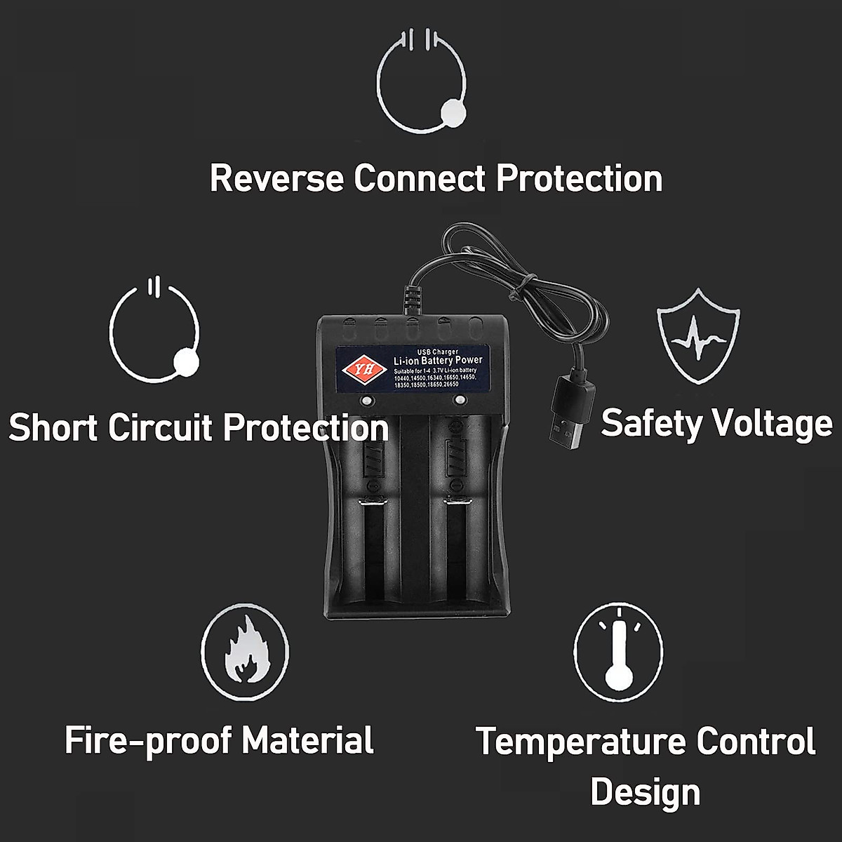 18650 Battery Charger 2 Bay Universal USB Smart Charger for 3.7V Rechargeable Lithium Li-ion Batteries Compatible 18650 26650 21700 10400 14500 16340 16650 18500 Battery Charger
