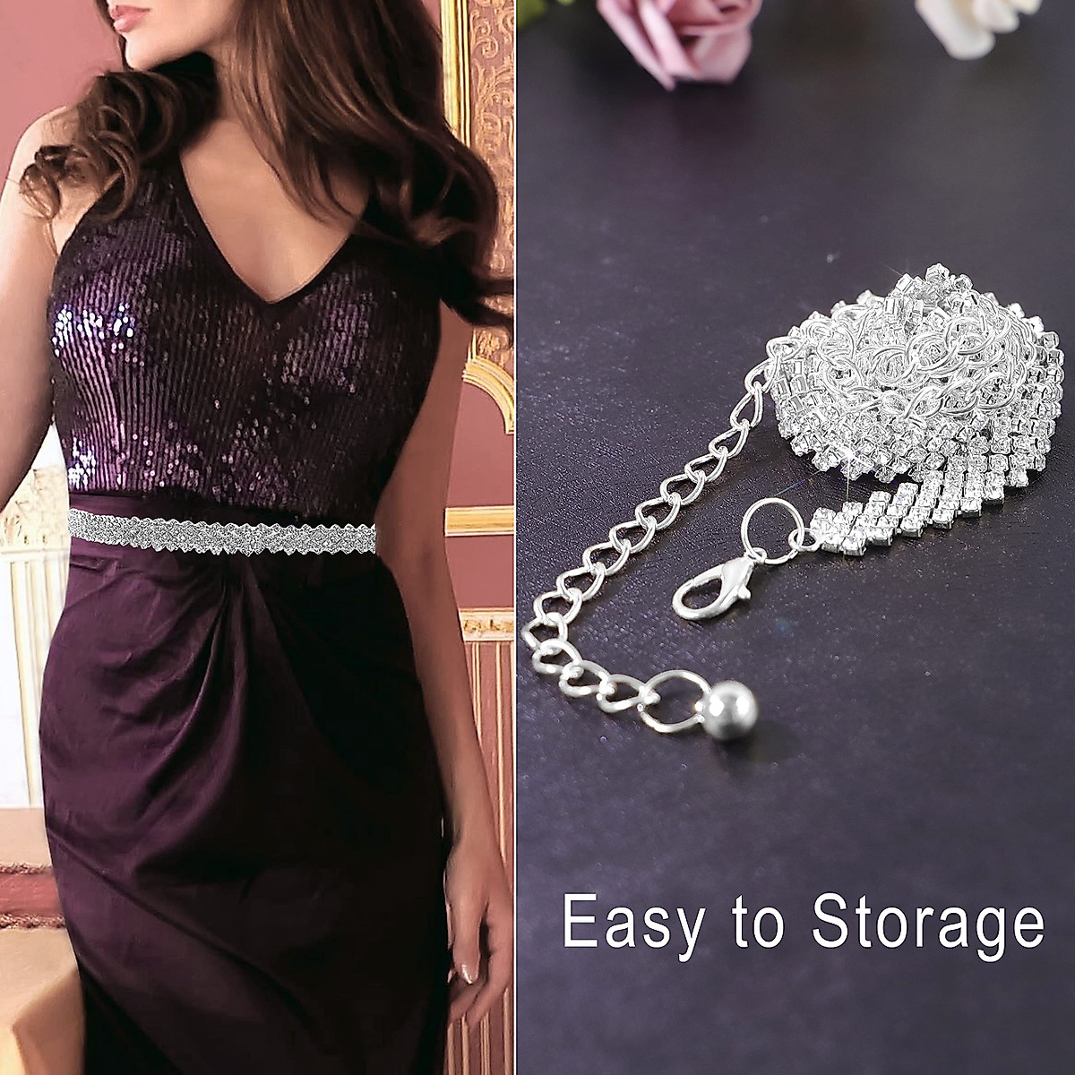 Lovful Bling Rhinestone Belt,Crystal Chain Belt for Women Dresses,Sparkly Diamond Glitter Waist Belts,Silver