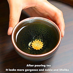 CmengAo Beautiful Jianzhan Tea Cup, 3d Silver Lotus Inlaid Ceramic Tea Cup Handmade Fancy Glaze Tenmoku Cup Chinese Kungfu Tea Cup (DragonScale)