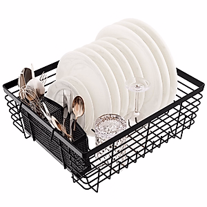 TQVAI Kitchen Dish Drying Rack Metal Dish Drainer with Full-Mesh Silverware Utensils Basket Holder, Black