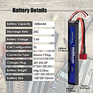 URGENEX Airsoft Battery 7.4V 1500mAh 35C High Discharge Rate Lipo Battery Pack with Deans T Plug Rechargeable 2S Lipo Battery for Airsoft Model Guns