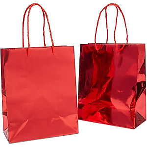 Sparkle and Bash Red Metallic Medium Gift Bags with Handles for Weddings, Birthdays (9.25 x 8 x 4.25 in, 24 Pack)