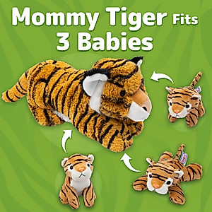 PREXTEX Plush Tiger with Zippered Pouch for Its 3 Little Plush Baby Tigers - Plushlings Collection Soft Stuffed Animal Playset