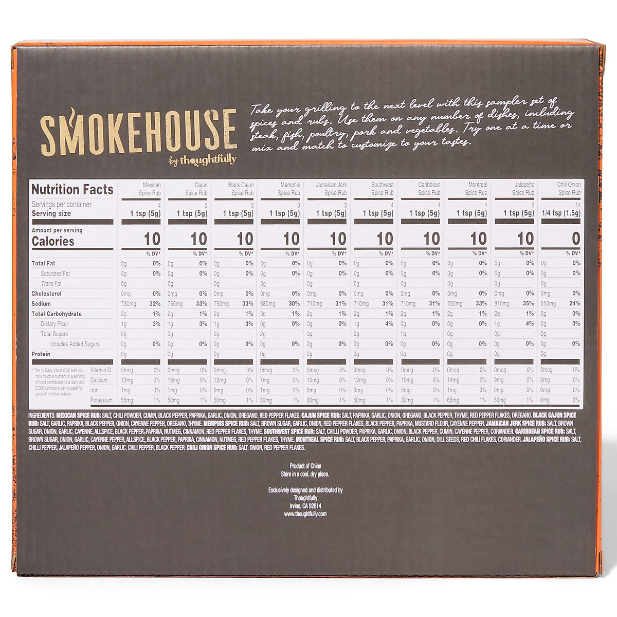 Smokehouse by Thoughtfully, Gourmet Grilling Spice Set in Mini Glass Bottles, Vegan and Vegetarian, Grill Seasoning Flavors Include Caribbean, Jamaican Jerk, Jalapeno, Montreal and More, Pack of 10