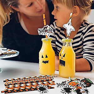 Hotop Halloween Party Supplies Includes 56 Disposable Paper Drinking Straws, 64 Halloween Pattern Cards & 100 Self Adhesive Dots, Pumpkin, Wave, Bat & Stripe Straws for Halloween Party Favors