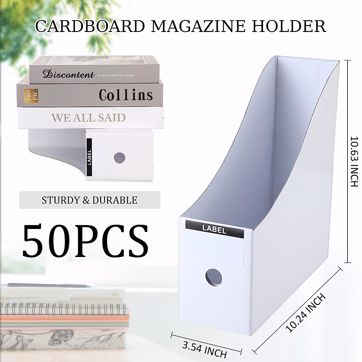 50 Pcs Cardboard Magazine Holder Magazine File Holder Magazine Storage Box Document Magazine File Organizer with 50 Pcs Labels for School Office Home Supplies (White)