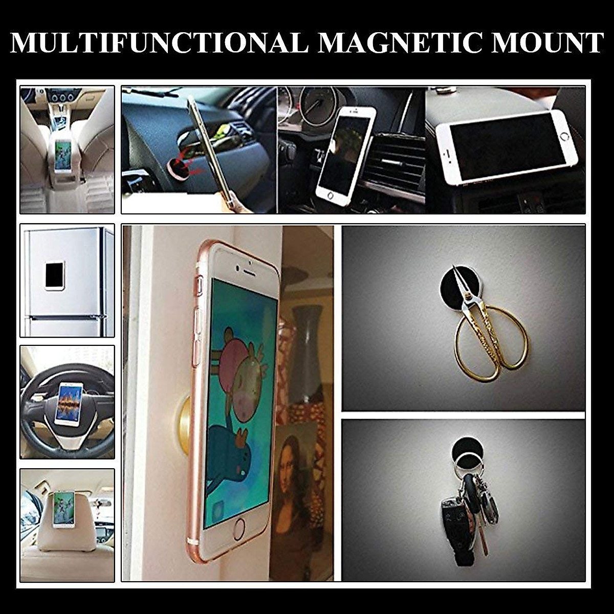Magnetic Phone Mount 4 Pack. Black Flat Cell Phone Holder for Car Dashboard, Wall, Truck. Universal Stick on iPad Wall Magnet Mount for Tablets. Wall Low Profile Magnetic Car Mount for iPhone.