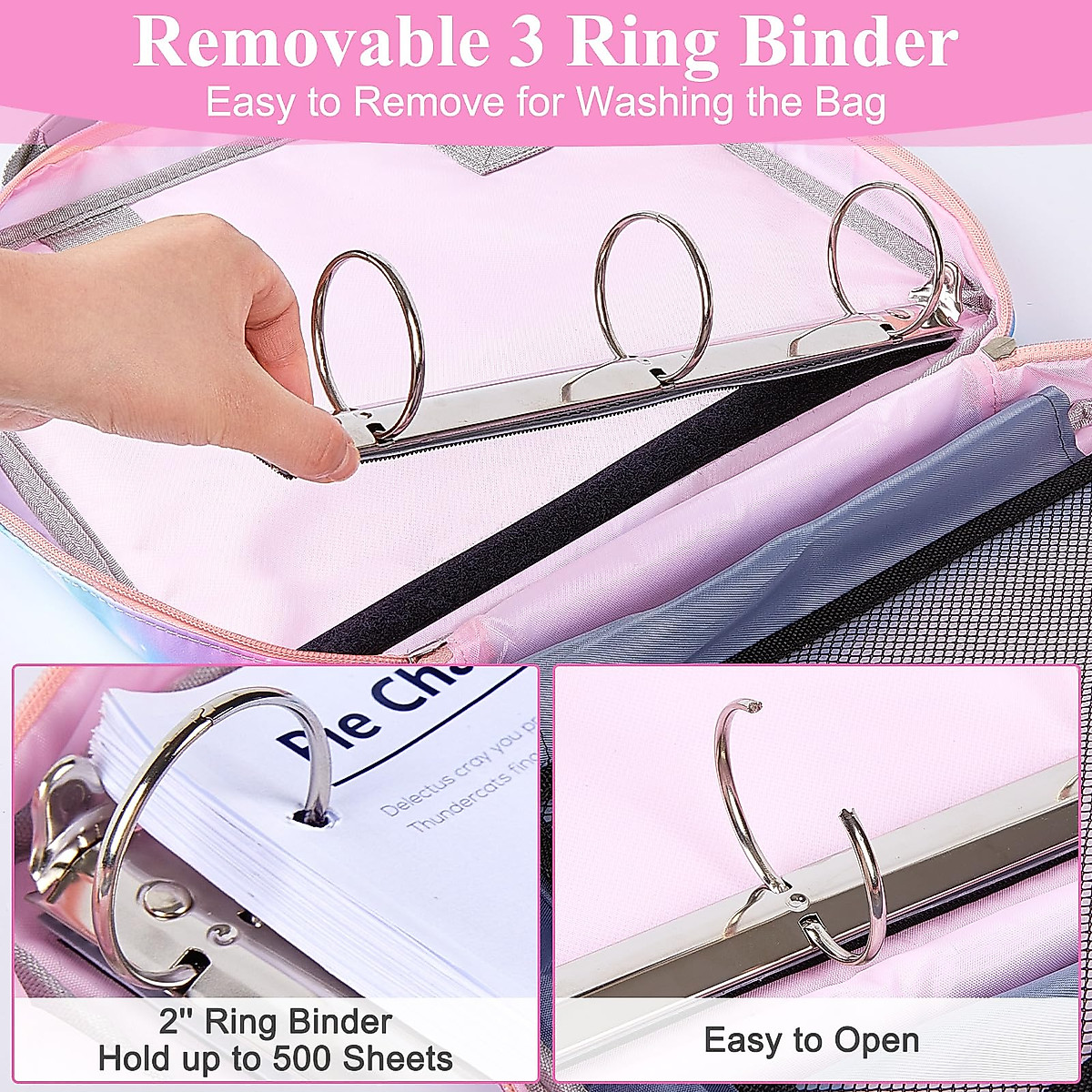 FIODAY Zipper Binder, 2 inch 3 Ring Binder with Zipper Cute Binder with Handle and Shoulder Strap Multiple Pocket 500 Sheet Capacity Binder Organizer for School, Blue Purple