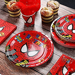 175Pcs Spider Birthday Party Supplies Spider Paper Plates and Napkins Set Disposable Dinner Tableware Plates Napkins Cups Knives Spoons Forks for Spider Kids Birthday Party Decorations Serve 25