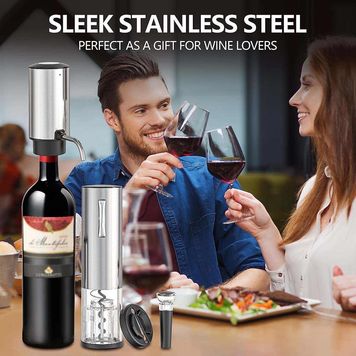BGFOX 4 in 1 Electric Wine Bottle Opener Gift Set - Rechargeable Automatic Wine Bottle Corkscrew Opener with Wine Dispenser Aerator, Vacuum Stopper and Foil Cutter, Stainless Steel