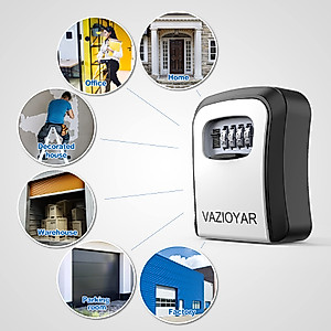 Vazioyar Key Lock Box for Outside, Portable Waterproof Wall Mounted Resettable 4-Digit Combination Key Storage Lockbox, 5 Keys Capacity Key Safe Lock Box for Home,Garage, Office, Dorm