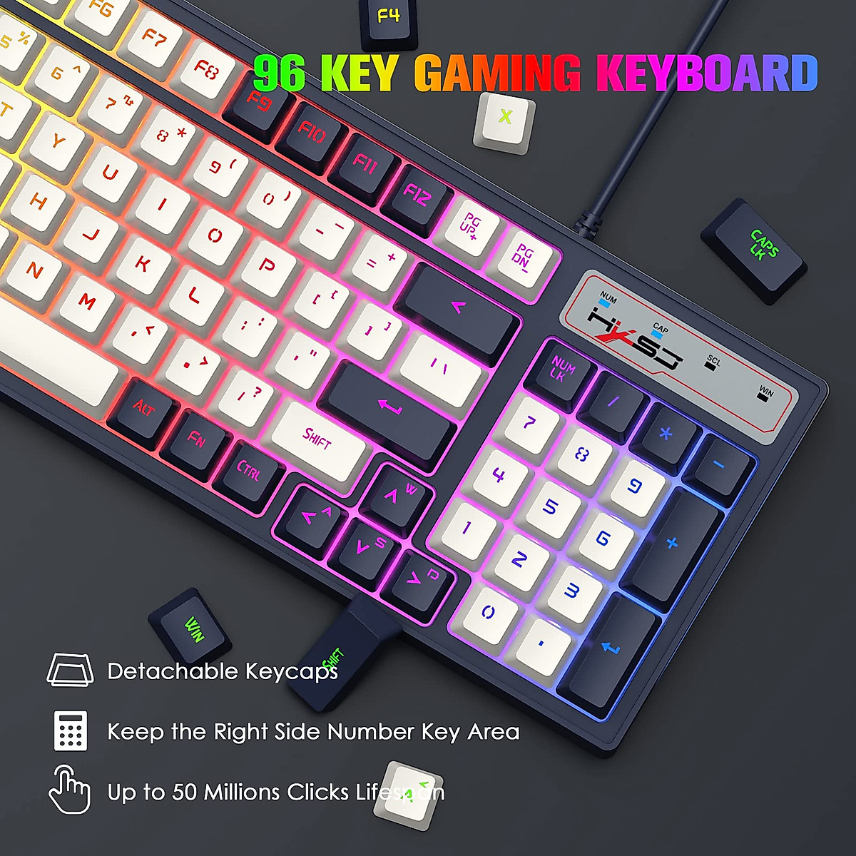 Wired RGB Gaming Keyboard and Mouse Combo with Multi Rainbow LED Backlight Ergonomic 96Key Layout 26Key Anti-ghosting Mechanical Feel Adjustable 3600DPI Mice Mouse Pad for PC Mac Gamer Typists(White)