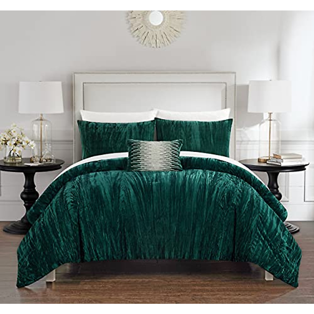 Chic Home Westmont 4 Piece Comforter Set Crinkle Crushed Velvet Bedding-Decorative Pillow Shams Included, King, Green