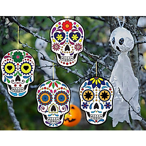 FaCraft Day of Dead Sugar Skulls Decorations,20pcs Dia de Los Muertos Skulls Sign Mexican Fiesta Skeleton Hanging Sign for Halloween Party Decorations Supplies