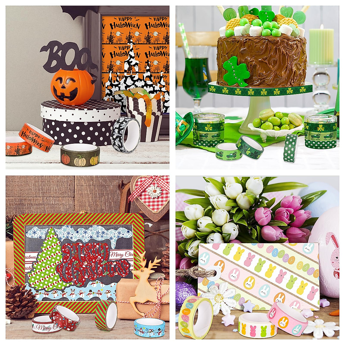 Whaline 24 Rolls Holiday Washi Tapes St. Patrick's Day Shamrock Easter Bunny 4th of July Seasonal Washi Tapes 15mm Assorted Festival Making Washi Tapes for Scrapbook Journal Art Craft, 16.4Ft