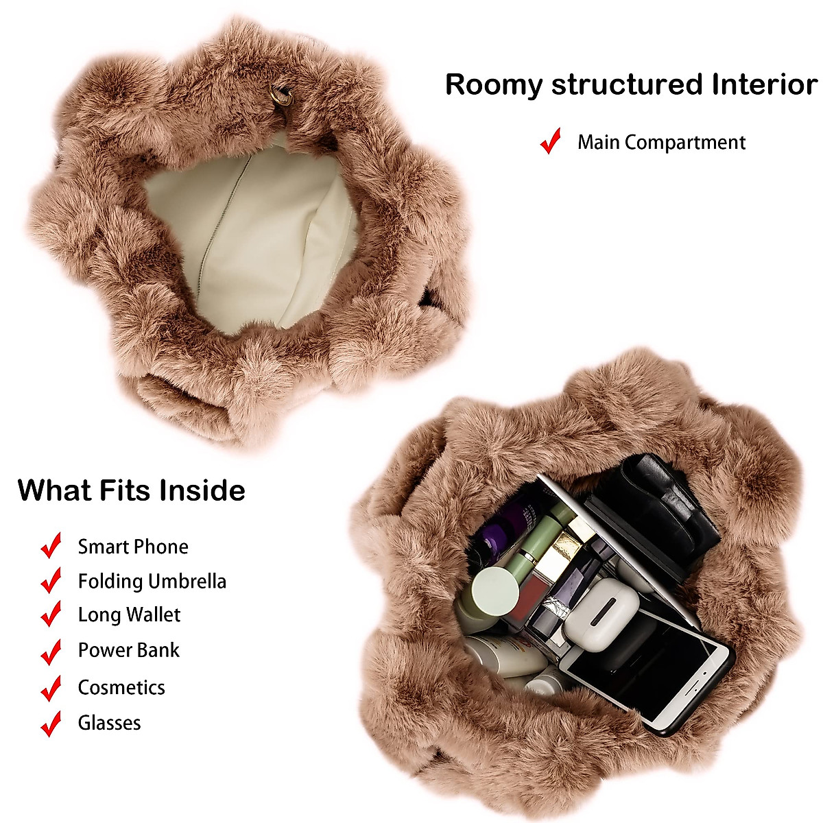 Herald Large Tote Bags For Women Soft Winter Fluffy Fuzzy Furry Plush Top Handle Purse and Handbag With Shoulder Strap (Khaki)