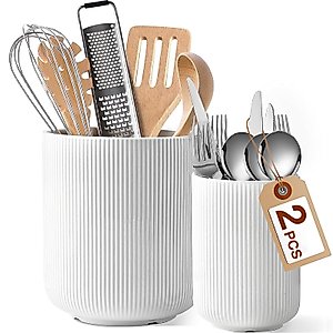 Mfacoy Large Kitchen Utensil Holder Set of 2, 7.3" + 5.4" Ceramic Cooking Utensil Holder for Countertop, Large Utensils Crock for Kitchen Counter, Utensil Storage Organizer for Spatula, Kitchen Decor