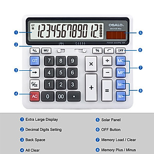 Desktop Calculator Extra Large LCD Display 12-Digit Big Number Accounting Calculator with Giant Response Button, Battery & Solar Powered, Perfect for Office Business Home Daily Use(OS-2135)