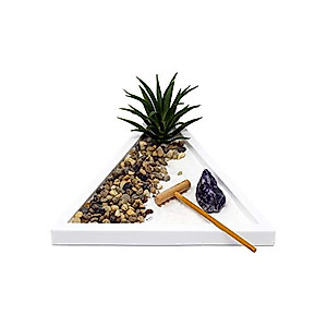 Nature's Mark Mini Zen Garden Kit for Desk with Rake, White Sand, White Triangle Base, Crystal Rock, Mini River Rocks and Air Plant, (7Lx6W Triangle W)