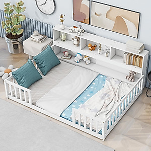 SOFTSEA Full Size Floor Bed with Bedside Bookcase and Storage Shelves, Solid Wood Floor Bed Frame with Guardrails for Boys and Girls Bedroom, Easy Assembly, White