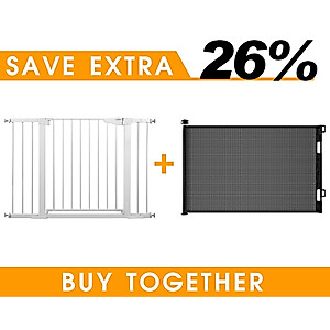 Cumbor 29.7-46" White Baby Gate & Cumbor 0-55" Black Retractable Baby Gate for Stairs, Wide Safety Gates for Kids or Pets, Child Gate for Doorways, Hallways, Indoor, Outdoor