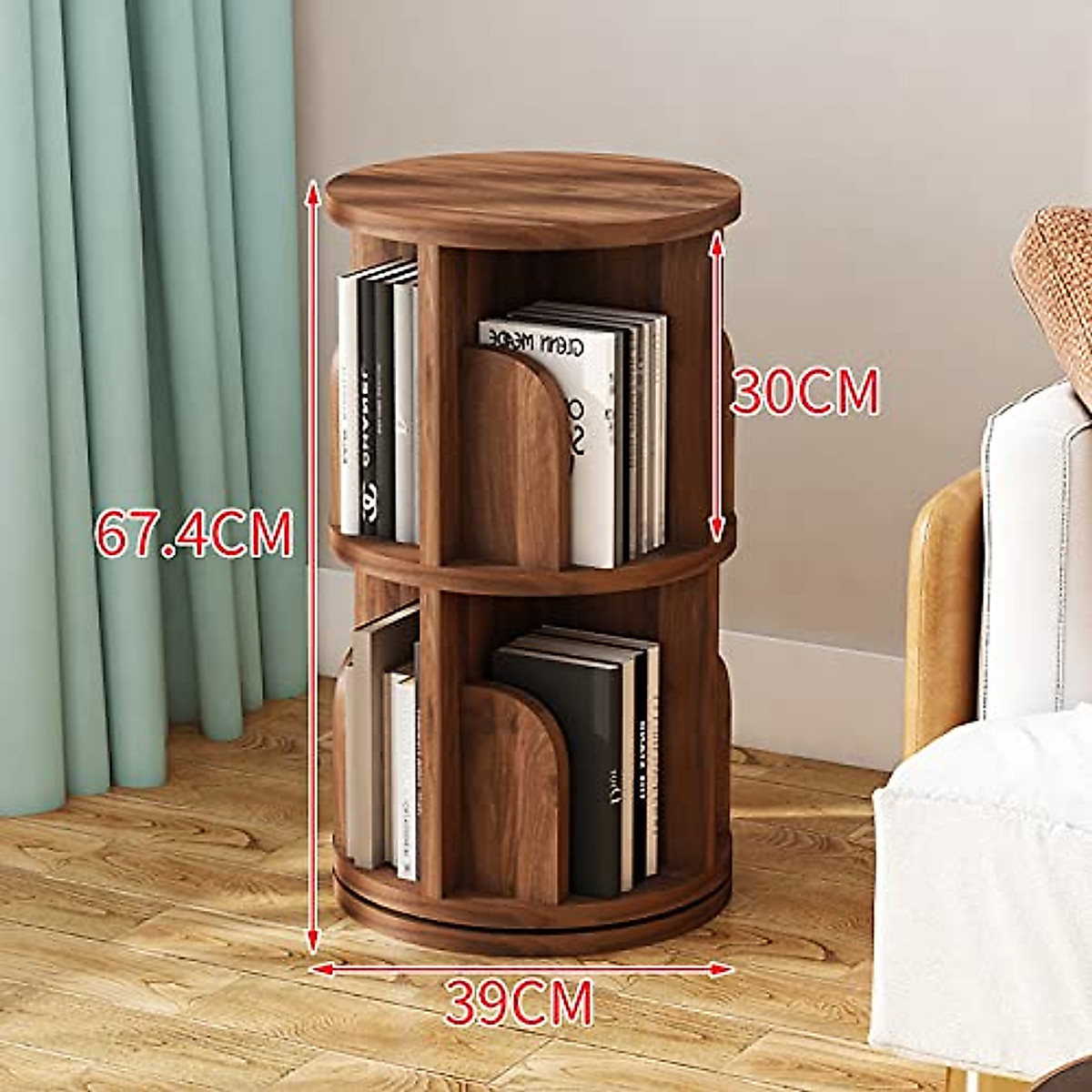 ZZFF Solid Wood Revolving Bookcase,Rotating Bookshelf 360 Display,Multi-Functional Floor Standing Storage Rack Organizer for Kids Room Bedroom Livingroom-Walnut 2 Tier 39x39x67.4cm(15x15x27inch)