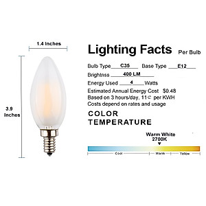 OPALRAY LED Candelabra Bulb, C35 Frosted Glass Cover, 4W Dimmable LED Filament Bulb, 40W Incandescent Bulb Equivalent, E12 Base Lamp, Warm White Light Color 2700K, Torpedo Tip, Pack of 3