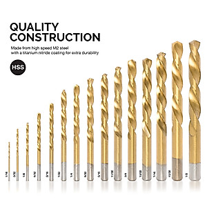 NEIKO 10037A Left-Hand Drill-Bit Set, High-Speed Steel Drills with Titanium Nitride Coating, Reverse-Twist Drill Bits, SAE Sizes, 15-Piece Set