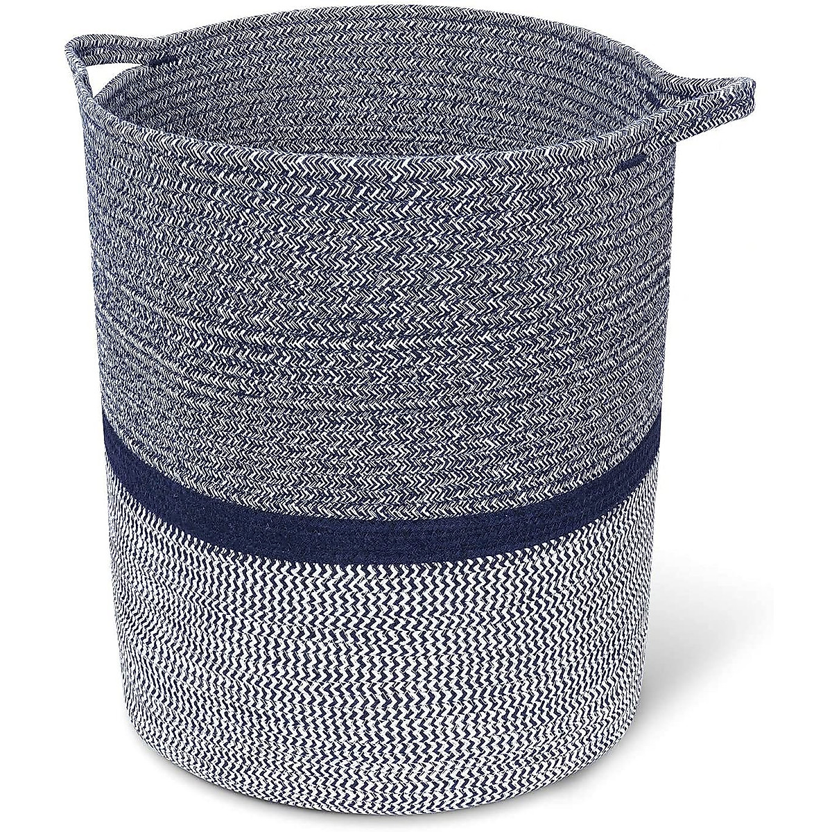 INDRESSME Large Cotton Rope Storage Basket Baby Laundry Basket Woven Baskets Blanket Basket with Handle for Diaper Toy Off White Home Decor 14.2'' x 13.4'' x 16.2'', Navy