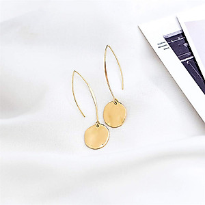Shiny Hammering Circle Disc Small Dangle Drop Hanging Earrings Long Hoops Round Jewelry for Women (Gold Disc Earrings)