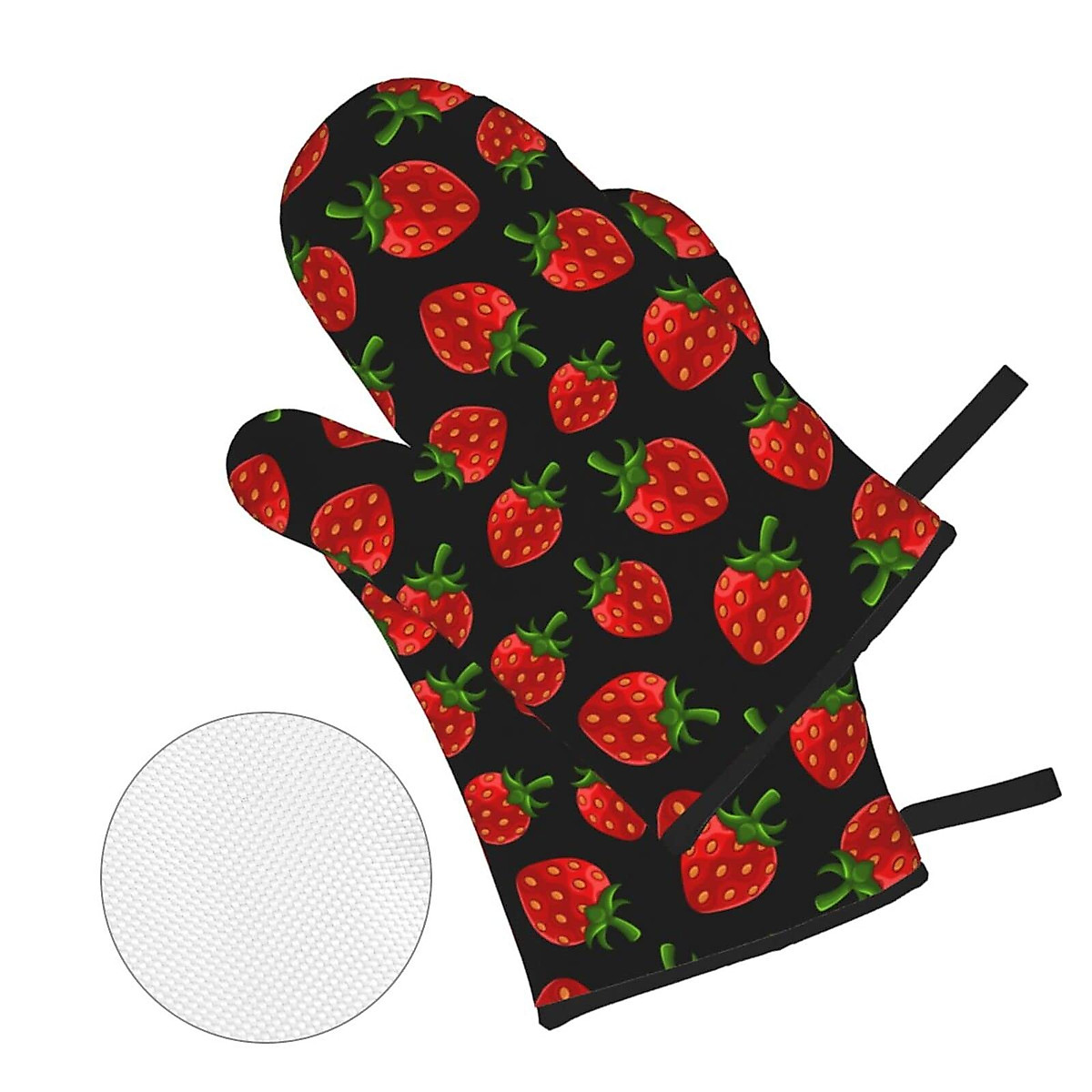 Oven Mitts and Pot Holders Sets 4 Piece, Strawberry On Black Background Oven Gloves Heat Resistant Non-Slip for Kitchen Cooking Grilling Baking
