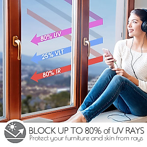 HIDBEA One Way Window Film Non-Adhesive, Heat Control Sun Blocking Daytime Privacy Glass Films, Reflective Self Static Cling Mirror Window Tint for Home (Silver, 35.4 Inch x 16.4 Feet)