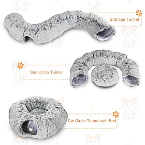 Lonepetu Plush Cat Tunnel Bed for Indoor Cats, Collapsible Cat Donut Tunnel with Central Mat, Fluffy Cat Cave Tube with Hanging Ball for Cat Kitten Rabbit Puppy Ferret