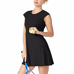 ChinFun Tennis Golf Dresses for Women, Tennis Golf Dress with Shorts Underneath and 4 Pockets UPF 50+ Cap Sleeve Workout Athletic Exercise Dress Black M