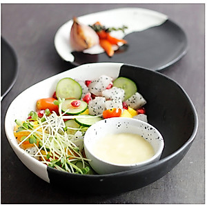 roro Handmade Ceramic Pasta Bowls - Set of 2, 7.5 Inch, Black & White Speckled Design, Yinyang Collection| Food-Safe, Lead-Free, Cadmium-Free | Unique Organic Freeform