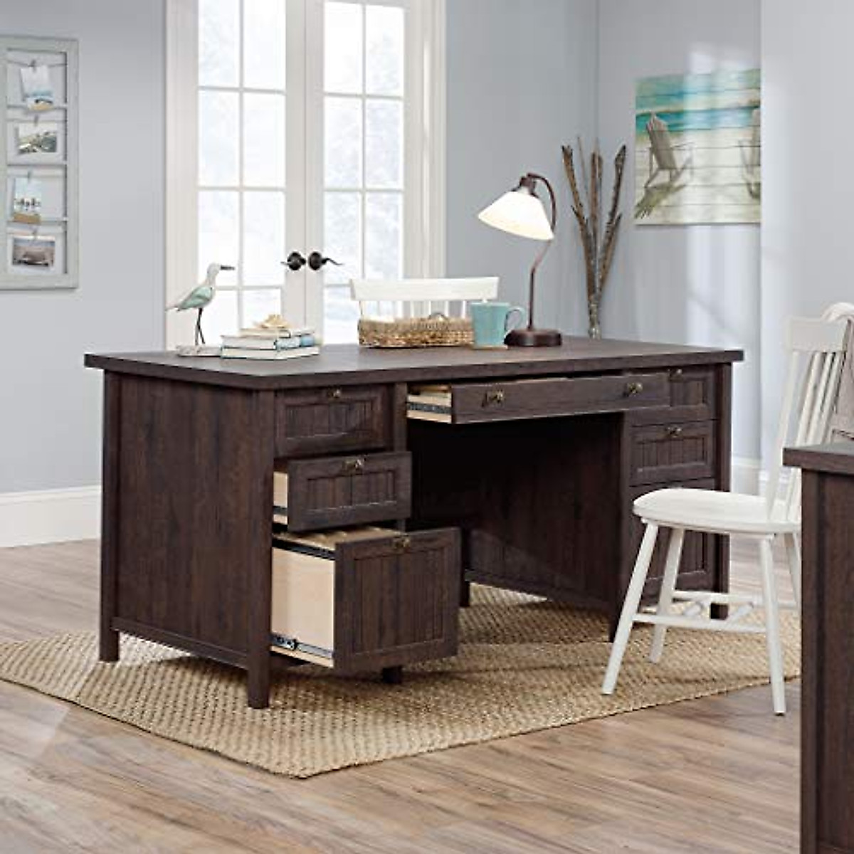 Sauder Costa Executive Desk, W 65.118 X D 29.528 X H 30.00, Coffee Oak finish