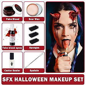 SFX Halloween Makeup Kit,Special Effects Scar Makeup Skin Wax with Spatula,Fake Blood Cream,Fake Blood Splatter Spray,Castor Oil,Black Stippling Sponge for Zombie Cosplay Makeup
