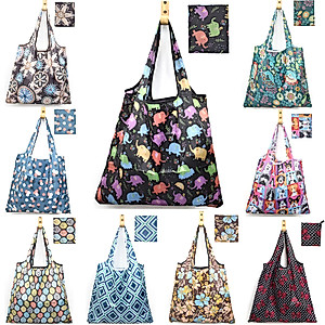 ATAMET 9 Pcs Reusable Grocery Bags, Foldable Shopping Bags, 50LBS Heavy Duty Durable Envirosax Bags, Machine Washable Waterproof Ripstop Tote Bags (Elegant Retro)