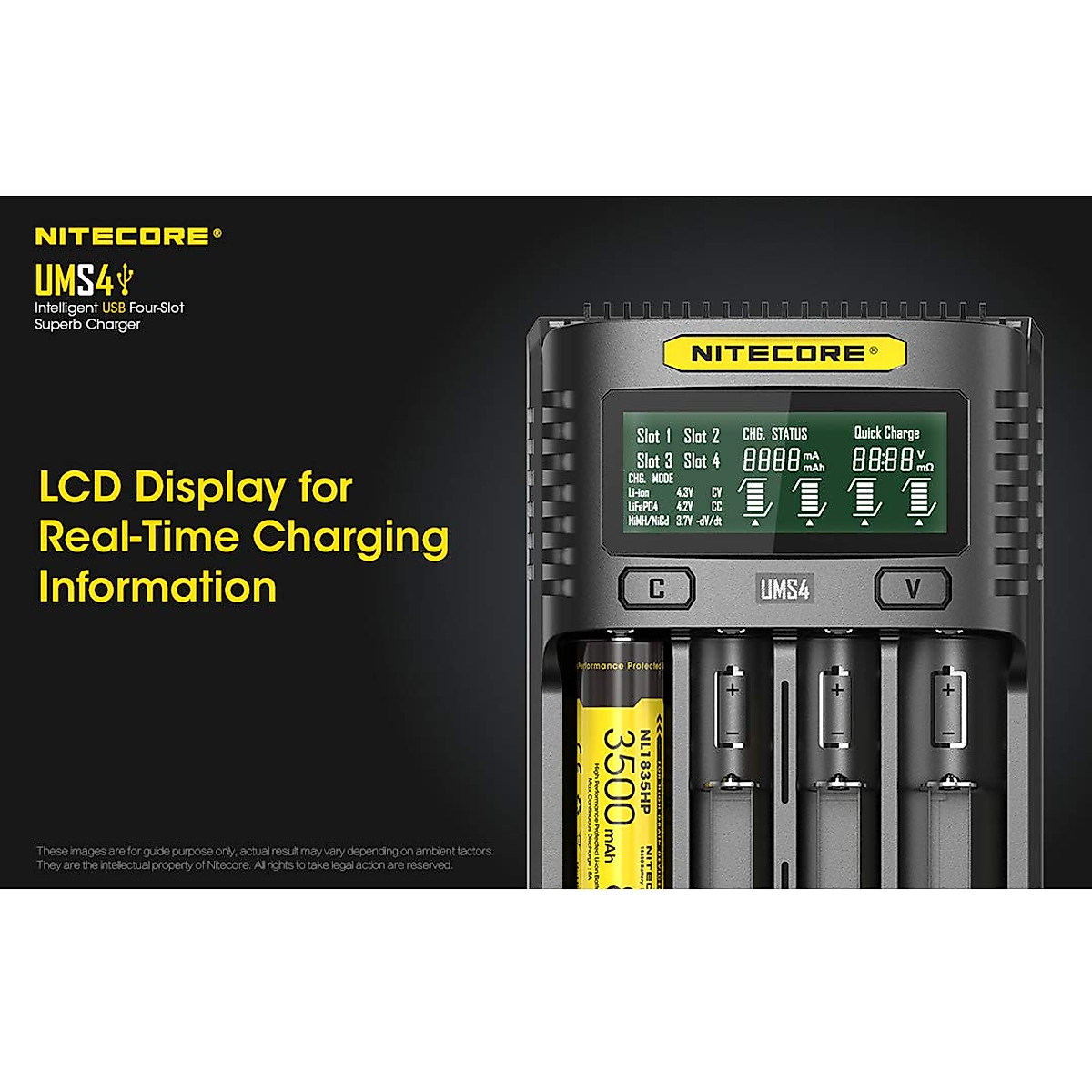 Nitecore UMS4 Intelligent USB Four Slot Quick Battery Charger for Li-Ion/Ni-MH/Ni-Cd/IMR 16340 14500 18650 21700 20700 AA AAA and More Batteries, with LumenTac Battery Organizer