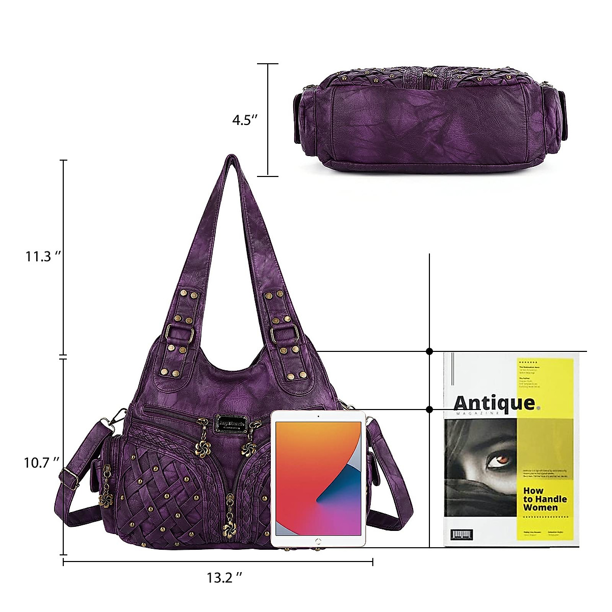 Angel Barcelo Roomy Fashion Hobo Womens Handbags Ladies Purse Satchel Shoulder Bags Tote Washed Leather Bag (Fashion Purple)