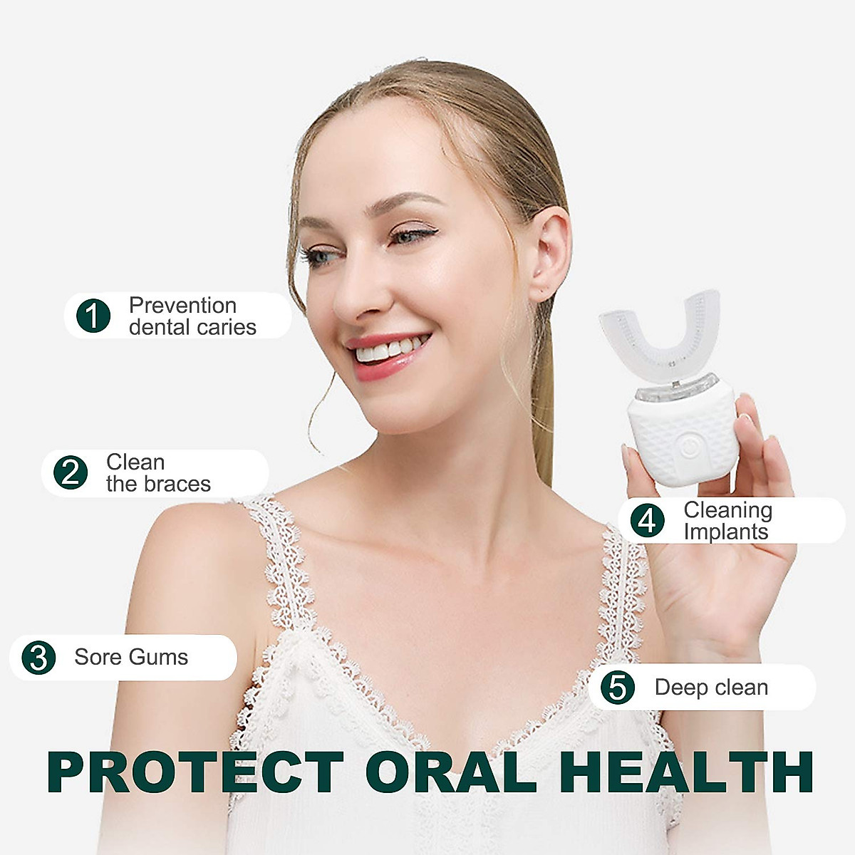 FLINEVE U Shaped Electric Toothbrush, Ultrasonic Automatic Whitening Massage Toothbrush for Adults and Elder with 3 Cleaning Modes(Color:White)