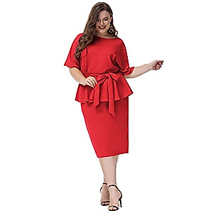 Hanna Nikole Peplum Dress for Women Plus Size Wedding Guest with Short Sleeves Sheath Dress Red 22 Plus