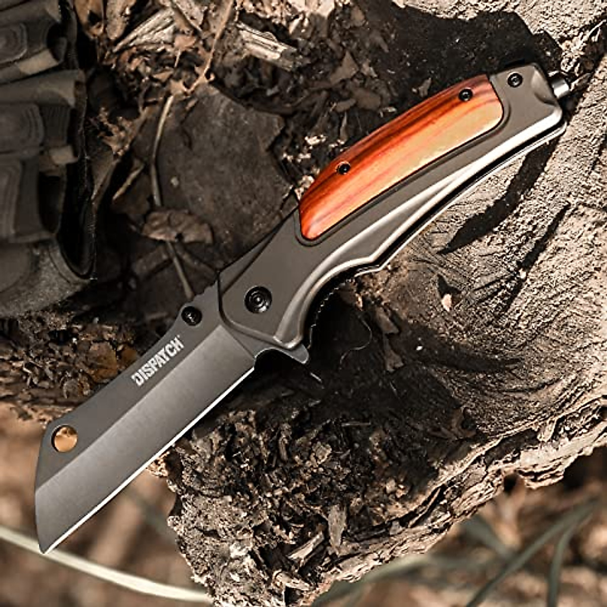 DISPATCH Tactical Folding Pocket Knife, Grey Titanium Blade, and Stainless Steel Wood Handle Hunting Hiking EDC Knife for Women, Camping Outdoor Gifts for Men Dad Husband, Unique Birthday Gift for Lovers