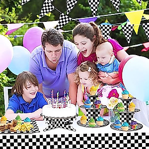 Haooryx 7Pcs Checkered Cupcake Stand Set, 2 Black White Checkered 3-Tier Cupcake Tower Cardboard Dessert Holder 1 Round Cake Stand Platters 4 Rectangle Serving Tray for Theme Birthday Party Supplies