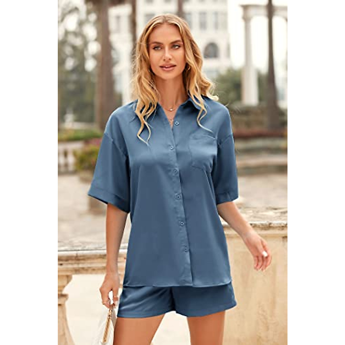 PRETTYGARDEN Women's 2 Piece Satin Pajama Sets Short Sleeve Button Down Tops And Shorts Set 2023 Summer Pjs Silk Sleepwear (Grey Blue,X-Large)